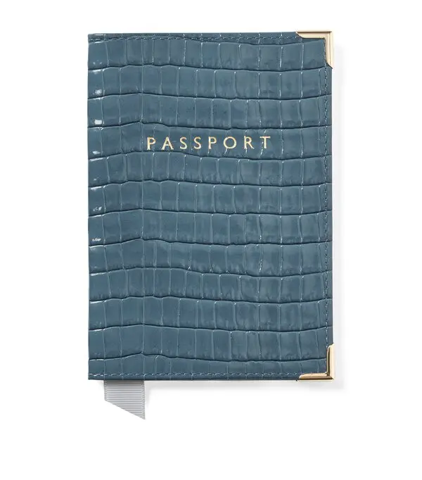 ASPINAL OF LONDON Leather Croc-embossed Passport Cover - Blue