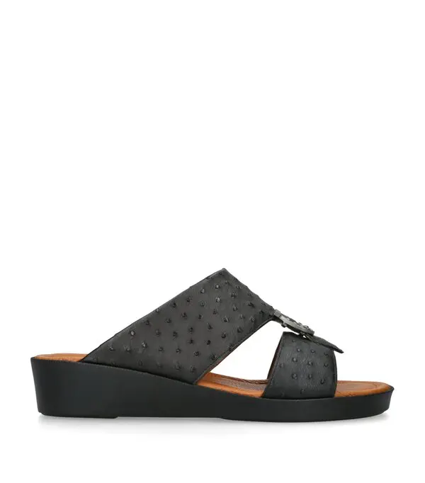 BROTINI Ostrich Effect Leather Wedge Sandals With Horseshoe Hardware - Black