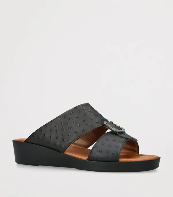 BROTINI Ostrich Effect Leather Wedge Sandals With Horseshoe Hardware - Black