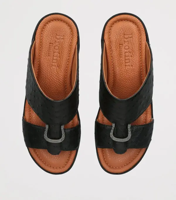 BROTINI Ostrich Effect Leather Wedge Sandals With Horseshoe Hardware - Black