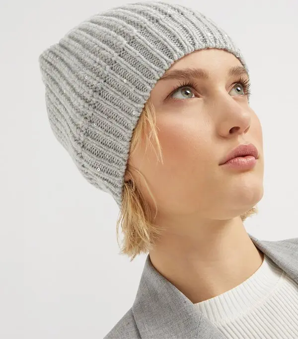 Brunello Cucinelli Cashmere-silk Embellished Beanie - Grey