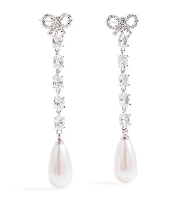 SELF-PORTRAIT Crystal And Faux Pearl Bow Drop Earrings - Silver