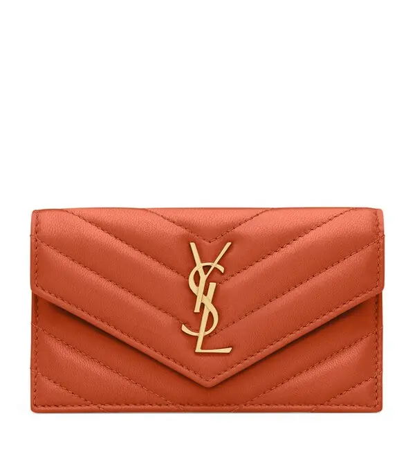 Saint Laurent Leather Cassandre Fragments Flap Card Holder - Beige