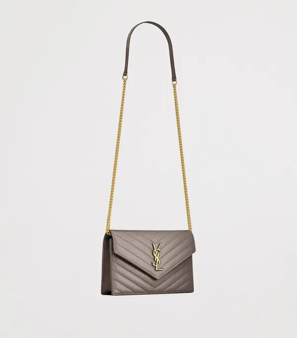 Saint Laurent Leather Envelope Chain Wallet - Grey