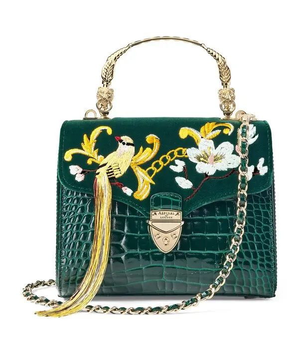 ASPINAL OF LONDON Midi Velvet Embroidered Mayfair Top-handle Bag - Green