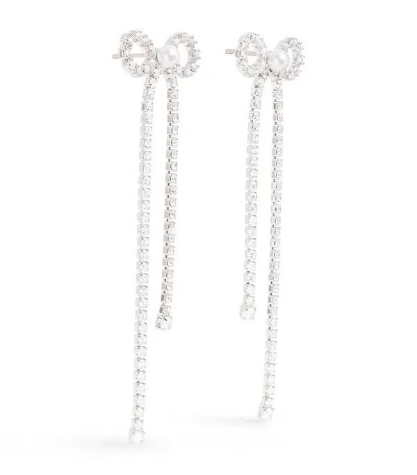SELF-PORTRAIT Crystal And Faux Pearl Bow Drop Earrings - Silver