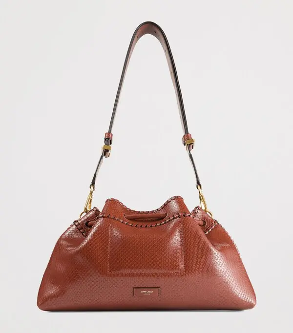 JIMMY CHOO Medium Cinch Snake Print Shoulder Bag - Brown