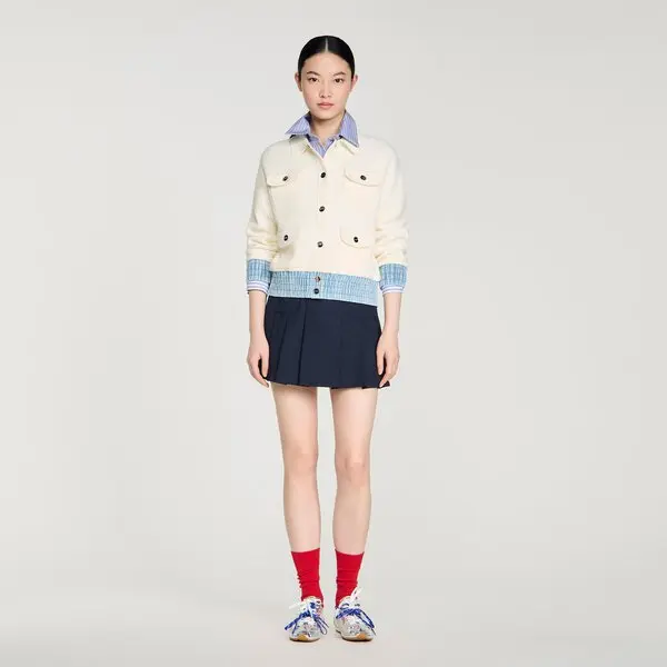 Sandro Oversized Bouclé Cardigan With Denim Details - Ecru