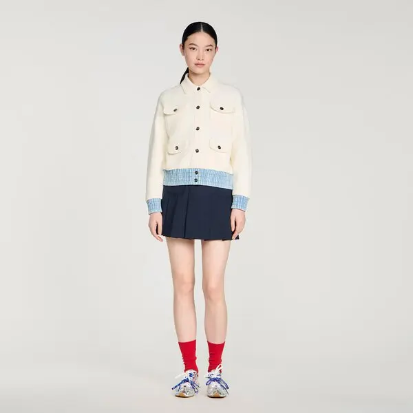 Sandro Oversized Bouclé Cardigan With Denim Details - Ecru