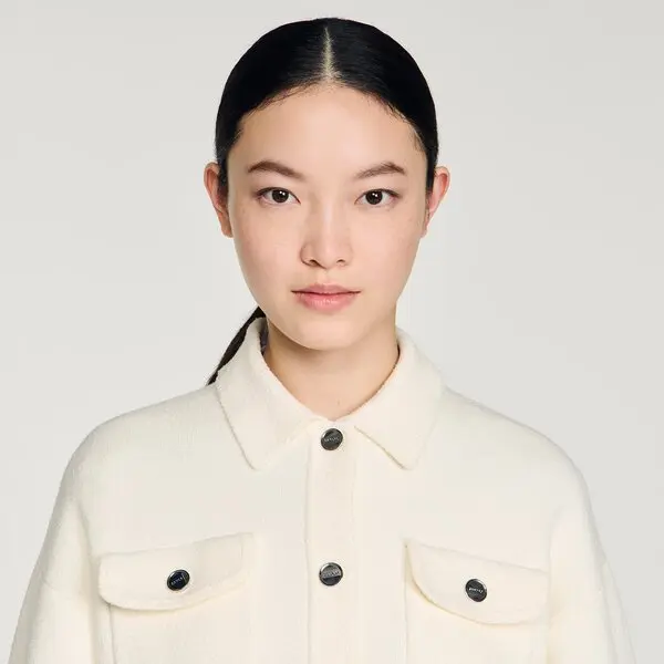 Sandro Oversized Bouclé Cardigan With Denim Details - Ecru