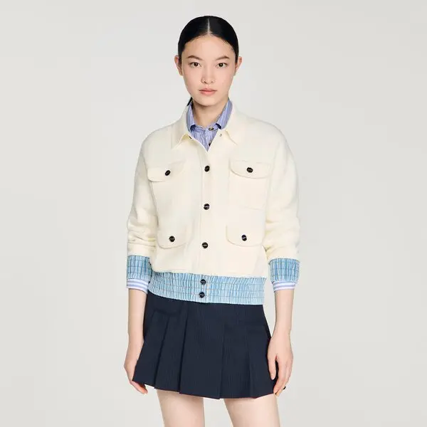 Sandro Oversized Bouclé Cardigan With Denim Details - Ecru