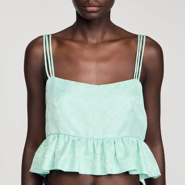 Sandro Floral Jacquard Ruffle Crop Top - Light Green