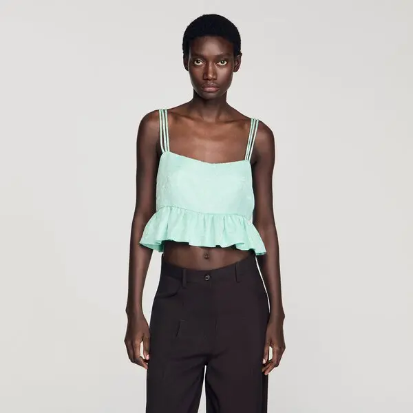Sandro Floral Jacquard Ruffle Crop Top - Light Green