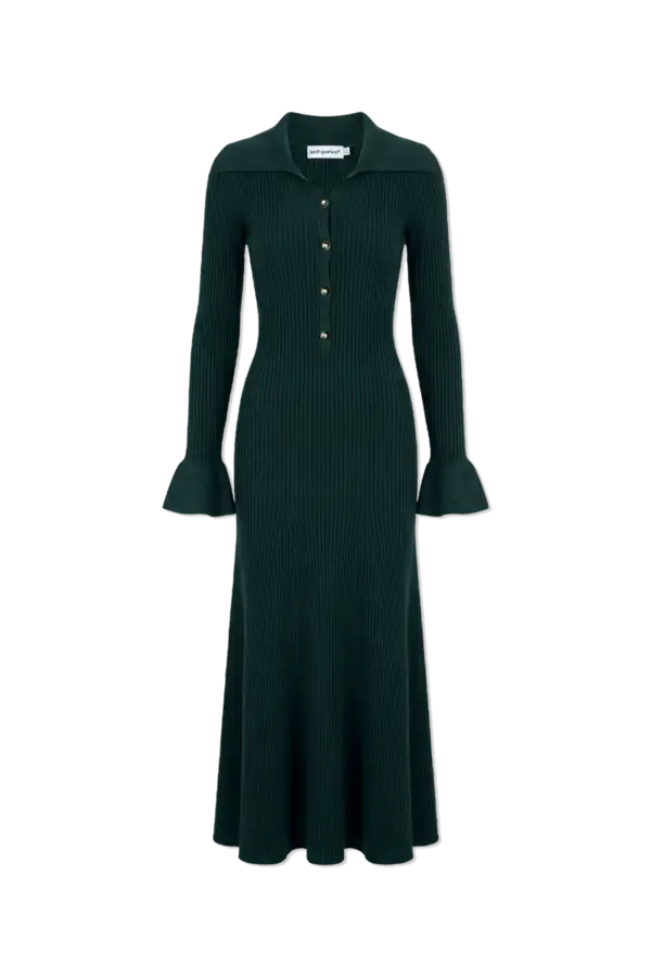SELF-PORTRAIT Ribbed Knit Polo Collar Midi Dress - Green