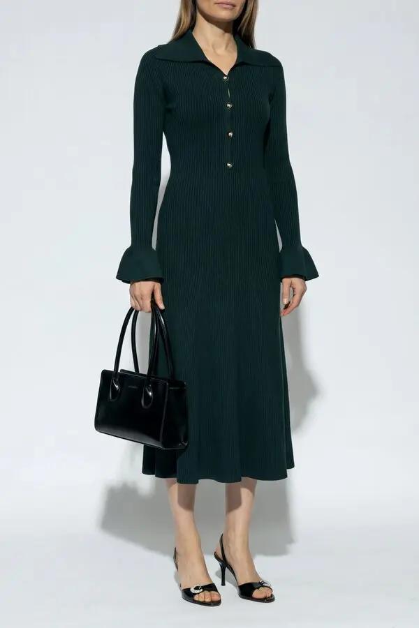 green ribbed collar dress ASOS DESIGN ribbed bodycon collared mini dress with long sleeve in sea moss  green
