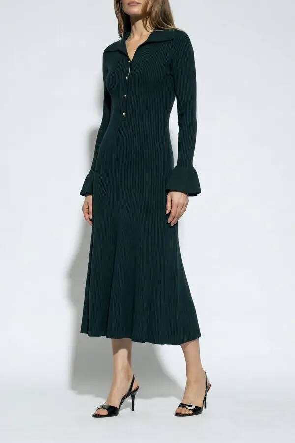 Self-Portrait Ribbed Knit Polo Collar Midi Dress - Green | Editorialist