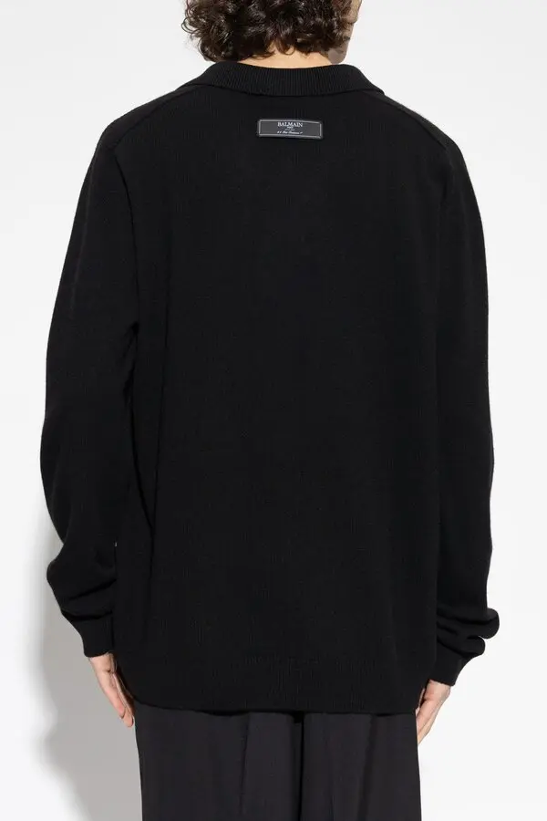 Balmain V-neck Ribbed Knit Sweater - Black