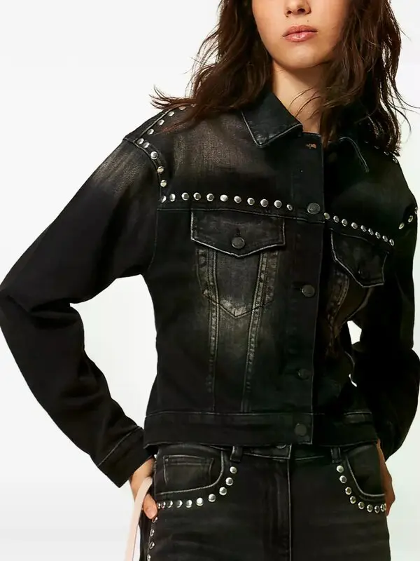TWINSET Studded Washed Stretch Cotton Denim Jacket