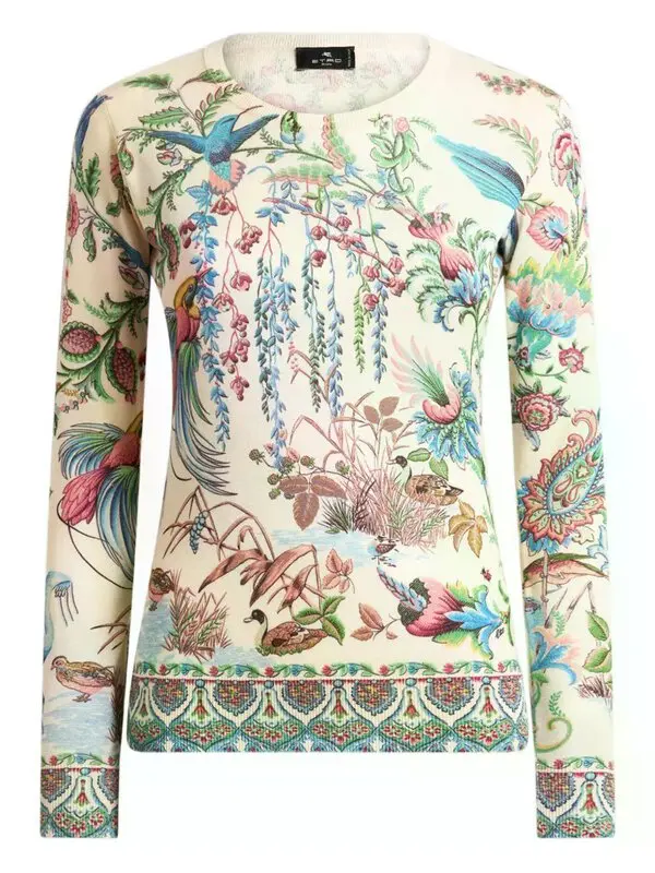 Etro Flora Fauna Motif Long Sleeve Top - Neutrals