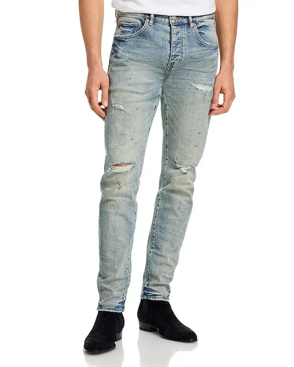 PURPLE BRAND Worn Slashed Paint Jeans - Light Indigo