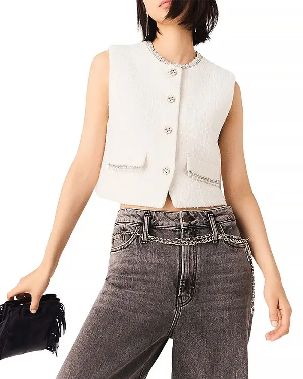 Maje Beaded Tweed Waistcoat - Ecru