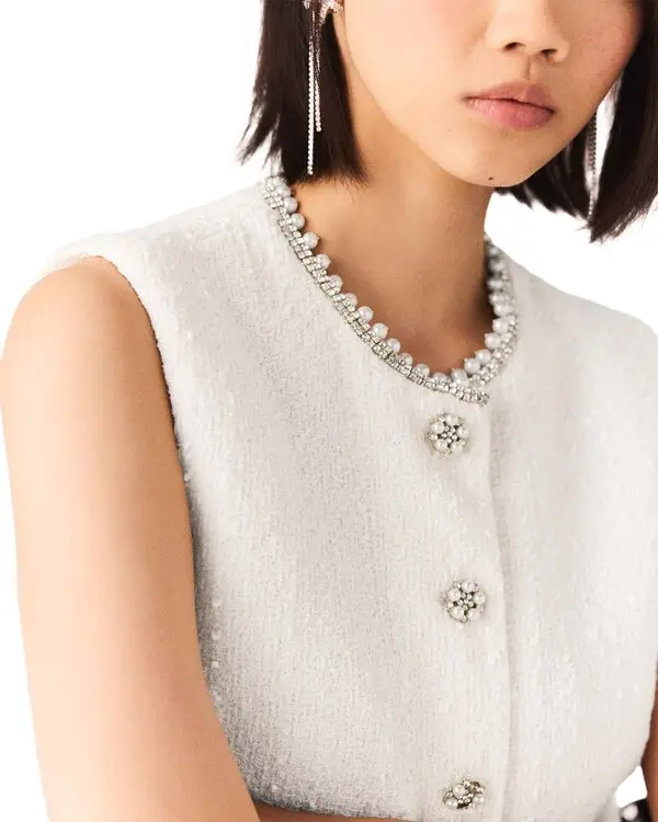Maje Beaded Tweed Waistcoat - Ecru