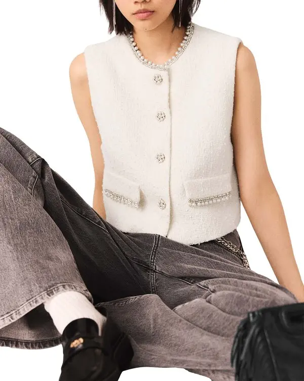 Maje Beaded Tweed Waistcoat - Ecru