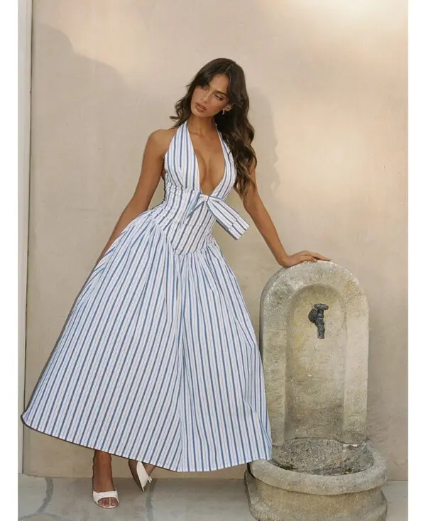Miss Circle Striped Halter Maxi Dress - Blue White Stripe | Editorialist