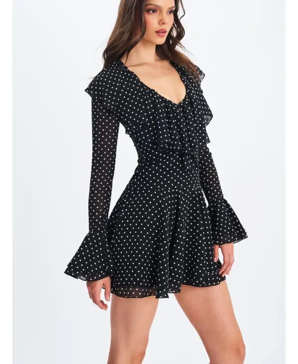 MISS CIRCLE NEW YORK Chiffon Polka Dot Ruffled Mini Dress - Black