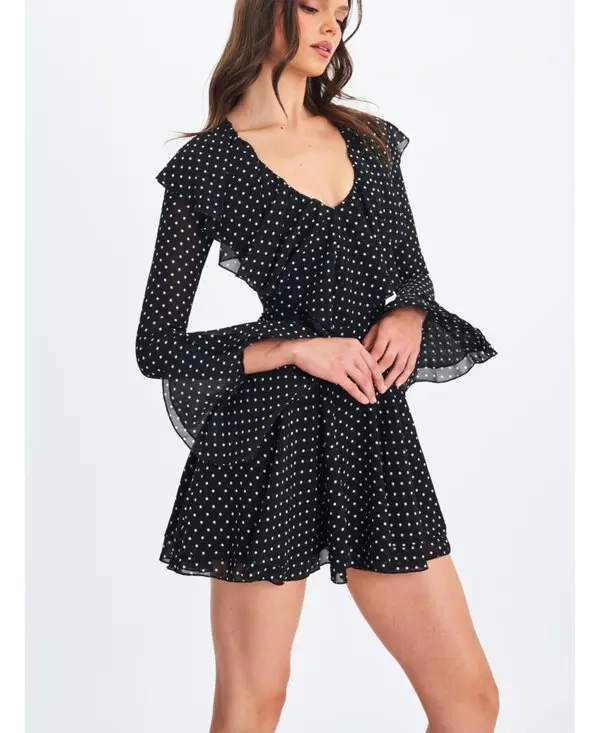 MISS CIRCLE NEW YORK Chiffon Polka Dot Ruffled Mini Dress - Black