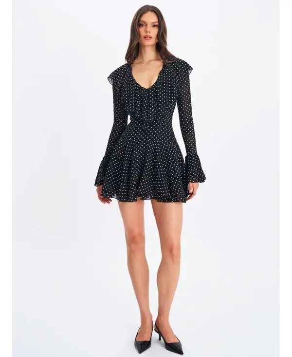 MISS CIRCLE NEW YORK Chiffon Polka Dot Ruffled Mini Dress - Black