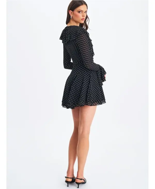 MISS CIRCLE NEW YORK Chiffon Polka Dot Ruffled Mini Dress - Black