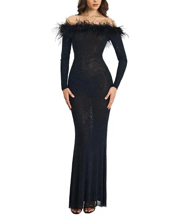 MISS CIRCLE Off-shoulder Rhinestone Mesh Mermaid Dress