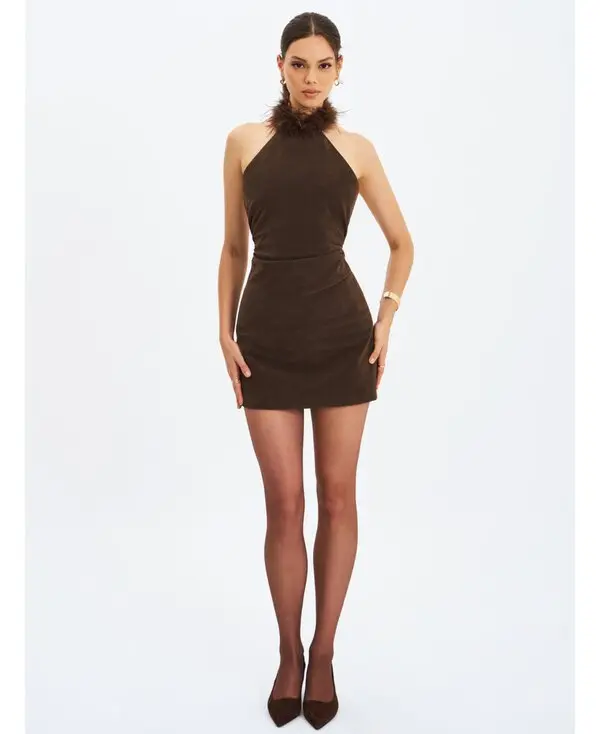 formal dress for apple shape Timeless Treasure Chocolate Brown Wrapped Gold Button Detail Mini Dres main image 1