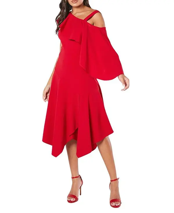 Coast One Shoulder Ruffle Crepe Midi Dress - Red