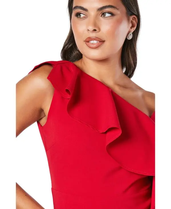 Coast One Shoulder Ruffle Crepe Midi Dress - Red