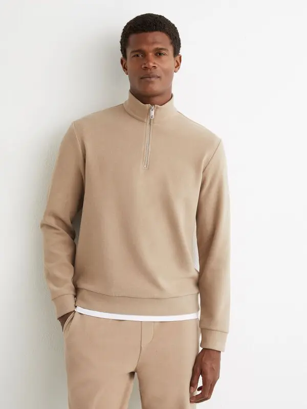 REISS Cotton-blend Ribbed Half-zip Jumper - Camel Brown