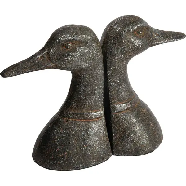 STORIED HOME Decorative Distressed Cast Metal Duck Head Bookends - Brown