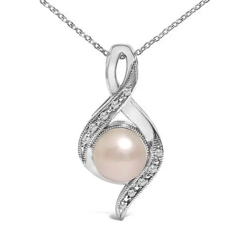 HAUS OF BRILLIANCE Sterling Silver Pearl And Diamond Swirl Pendant Necklace - White