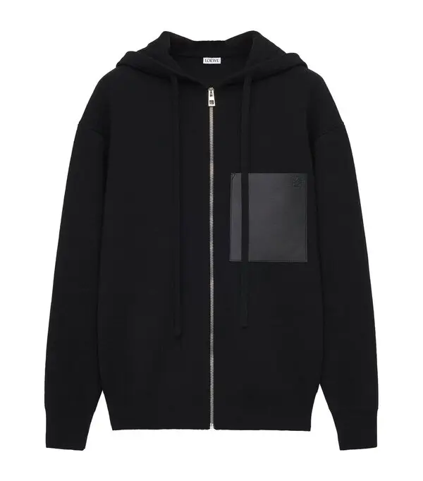 Loewe Wool-blend Zip-up Hoodie With Leather Pocket - Black