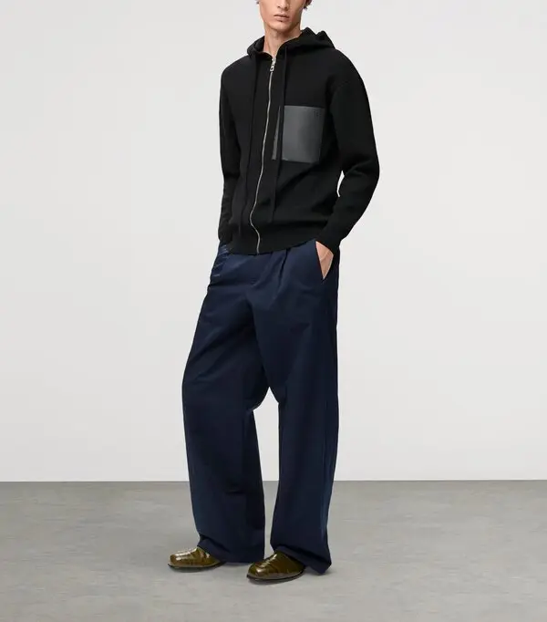 Loewe Wool-blend Zip-up Hoodie With Leather Pocket - Black