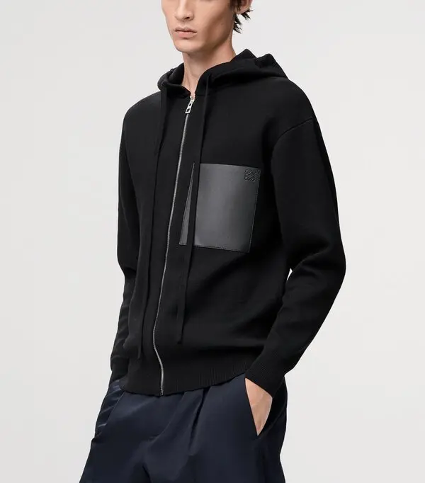 Loewe Wool-blend Zip-up Hoodie With Leather Pocket - Black