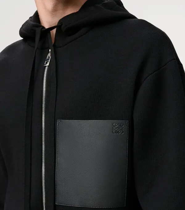 Loewe Wool-blend Zip-up Hoodie With Leather Pocket - Black