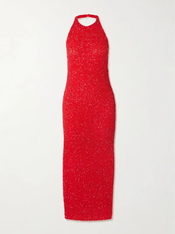 Tove Collette Sequin-embellished Mesh Halterneck Maxi Dress - Red