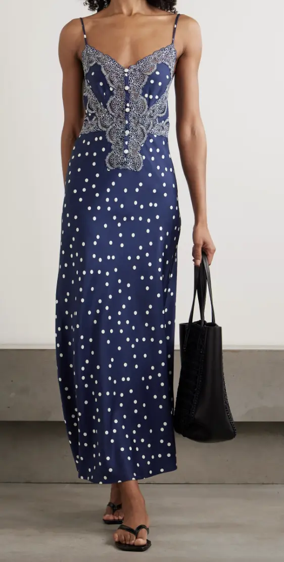 Loretta Caponi Lace-trimmed Polka-dot Satin Maxi Dress - Navy