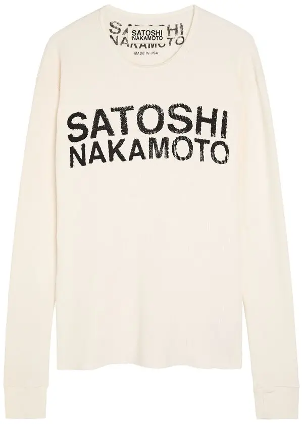 SATOSHI NAKAMOTO Logo-printed Waffle Cotton Top - White