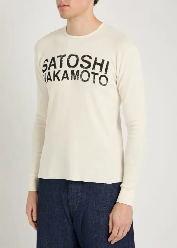 SATOSHI NAKAMOTO Logo-printed Waffle Cotton Top