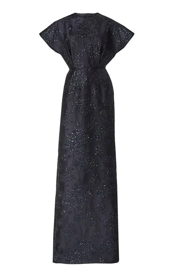 Carolina Herrera Fan-bodice Floral Bouquet Gown - Navy
