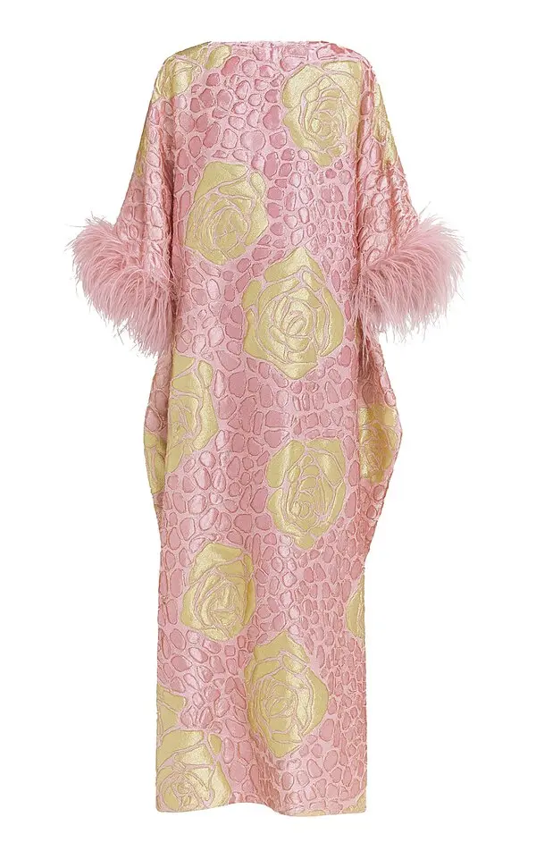 DIMA AYAD Feather-trimmed Floral-print Maxi Caftan - Pink