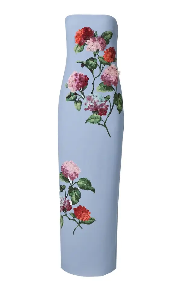 Carolina Herrera Strapless Hydrangea Embroidered Column Gown - Blue